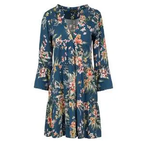 CONQUISTA Floral A Line Dress With Bell Sleeves - Blue
