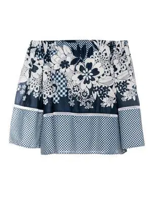 CONQUISTA Off Shoulder Bell Sleeve Print Top - Blue