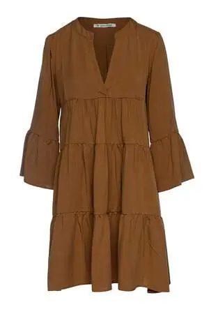 CONQUISTA Chocolate Tencel Gathered Seams Dress - Brown