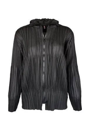 WILD COSMOS Hooded Plissé Satin Zip-up Jacket - Black