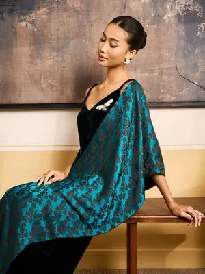 SILK AND BEARS Mallard Rose Jacquard Silk Evening Shawl — Soirée Collection - Green