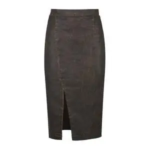 CONQUISTA Dark Washed Jean-effect Midi Skirt – Front Slit, Hidden Zipper