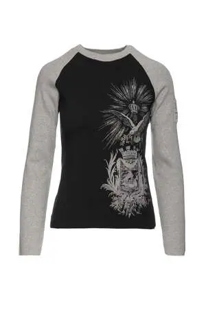 CONQUISTA Black & Print Top With Embroidery Detail - Grey