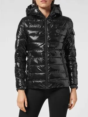 Philipp Plein Slim Fit Quilted Nylon Short Puffer Jacket With Hexagon Logo - Black