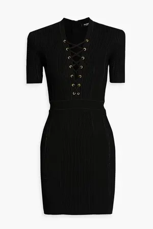 Balmain Laceup Ribbedknit Mini Dress