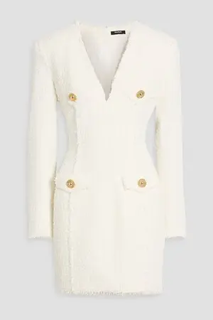 Balmain Frayed Tweed Mini Dress - White