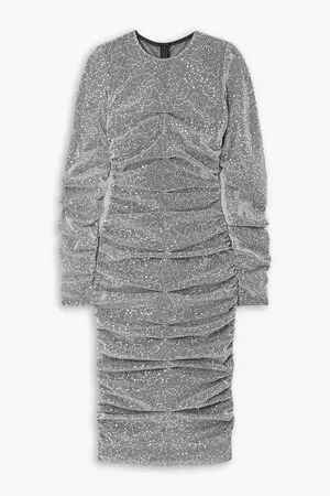 Dolce & Gabbana Ruched Sequined Metallic Stretchtulle Midi Dress - Silver