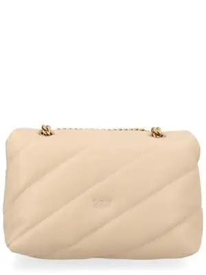 Pinko Structured Leather Shoulder Bag With Gold Tone Clasp - Beige