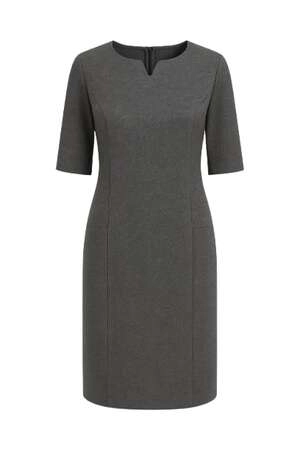 CONQUISTA Wool Silk Acrylic Blend Woven Straight Dress With Elbow Sleeves & Faux Pockets - Grey