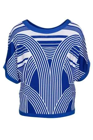 CONQUISTA Blue / White Trim Detail Print Top - Blue/white
