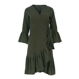 CONQUISTA Dark Olive Wrap Dress With Ruffle Detail – Viscose Blend - Green