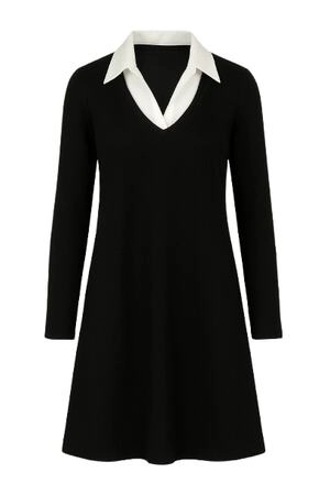 CONQUISTA Shirt Collar Detail Striped Dress - Black