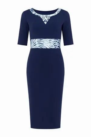 CONQUISTA Navy Viscose-elastane Jersey Midi Dress With Patterned Waistband - Blue