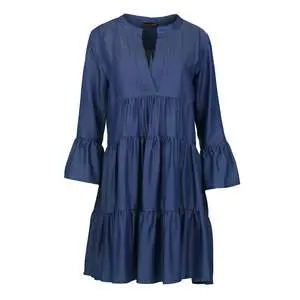 CONQUISTA Satin Denim A-line Dress With Bell Sleeves