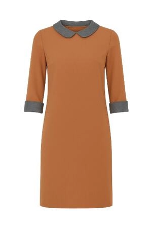 CONQUISTA Straight Winter Dress With Contrast Peter Pan Collar - Brown