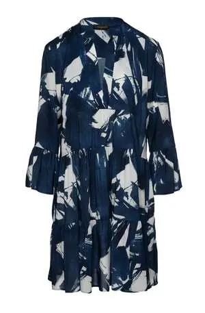 CONQUISTA Navy & White A Line Dress With Bell Sleeves - Blue