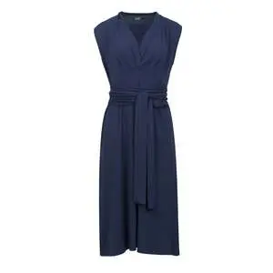 CONQUISTA Sleeveless V-neck Jersey Dress With Wrap Belt Navy - Blue