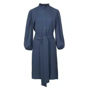 CONQUISTA Belted Long Sleeve Indigo Dress - Blue