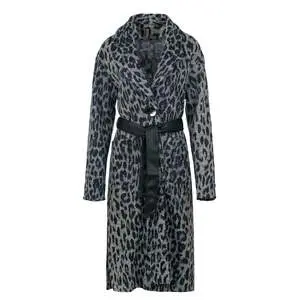 CONQUISTA Animal Print Wool Blend Long Coat With Faux Leather Belt - Black