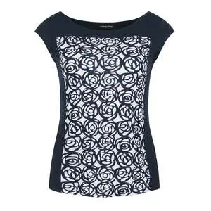 CONQUISTA Elegant Floral Patterned Fitted Cap Sleeve Top - Blue