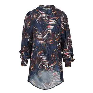 CONQUISTA Leaf Print Blouse With Mandarin Collar - Blue
