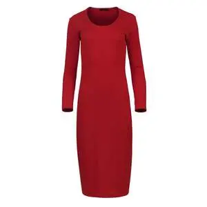 CONQUISTA Long Sleeve Round Neck Ribbed Midi Dress - Red