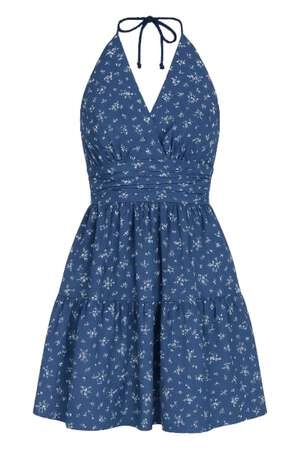CONQUISTA Indigo Floral Empire Line Mini Dress - Blue