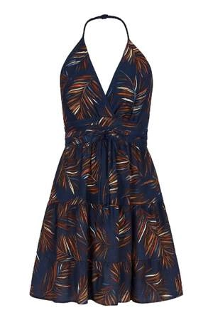 CONQUISTA Leaf Print Empire Line Mini Dress - Blue