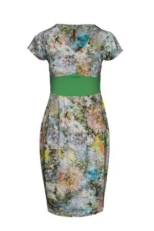 CONQUISTA Cap Sleeved Floral Print Dress - Green