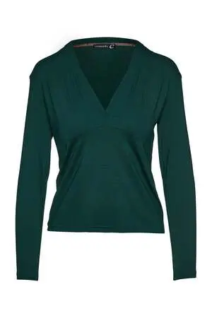 CONQUISTA Long Sleeve Faux Wrap Top In Stretch Jersey Sustainable Fabric - Green