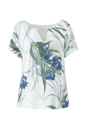 CONQUISTA Print Top With V Neck Detail - Green