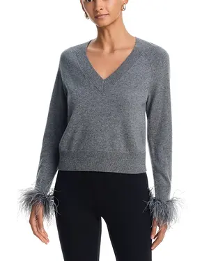 MILLY Feather Cuff V Neck Sweater - Grey