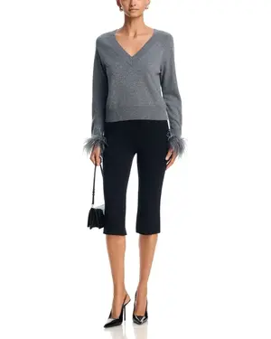 MILLY Feather Cuff V Neck Sweater