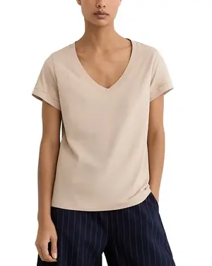 REISS Cotton V Neck Tee - Camel
