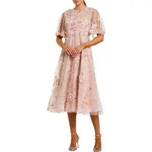Mac Duggal Embroidered Flutter Sleeve Midi Dress - Blush