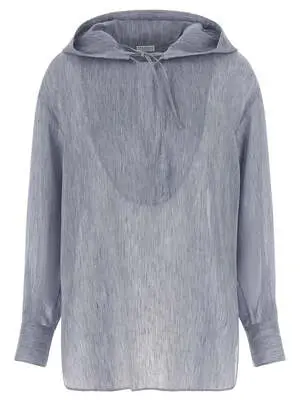 Brunello Cucinelli Hooded Shirt With Drawstring And Micro Stripes - Blue