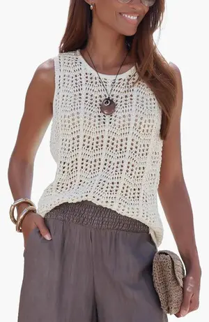 LASCANA Crochet Sleeveless Top - Beige