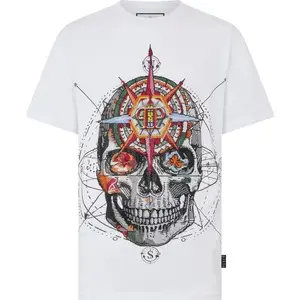 Philipp Plein Round Neck T-shirt Wind Rose Skull Stones - White