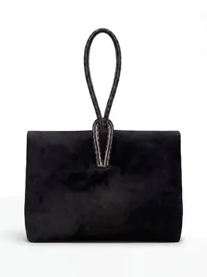 MINE BILGI Marissa Suede Leather Handbag With Suzani Knot Handle - Black