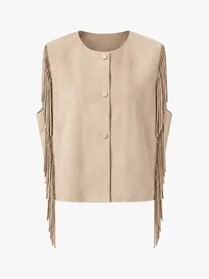 MINE BILGI Lipso Fringe Suede Leather Vest - Beige