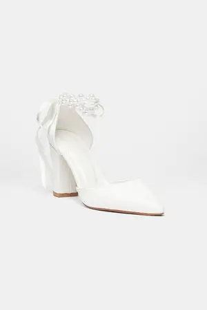 PROLOGUE SHOES Zia Ribbon Block Heel Bridal Pump - Ivory