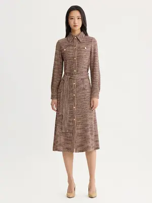 Misook Belted Button Front Tweed Knit Midi Dress - Charmeuse/biscotti/black
