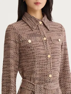 Misook Belted Button Front Tweed Knit Midi Dress