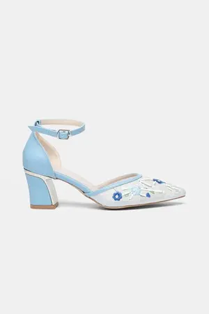PROLOGUE SHOES Lorelai Block Heel Embroidered Bridal Pump - Blue