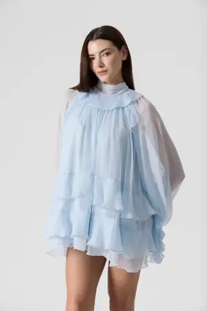 LE FAFO Tiered Ruffle Silk Chiffons Tunic Mini Dress - Light Blue