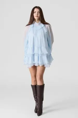 LE FAFO Tiered Ruffle Silk Chiffon Mini Dress - Light Blue