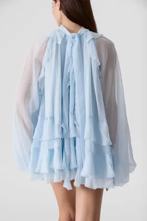 LE FAFO Tiered Ruffle Silk Chiffon Mini Dress - Light Blue