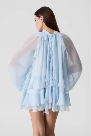 LE FAFO Tiered Ruffle Silk Chiffon Mini Dress - Light Blue