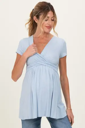 PINKBLUSH Draped Front Maternity Nursing Top - Light Blue
