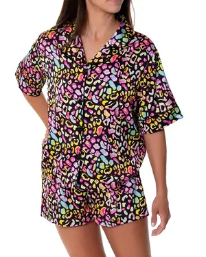 SUNSHINE SOCIETY Animal Print Silky Short Sleeve Shorts Set - Multicolor